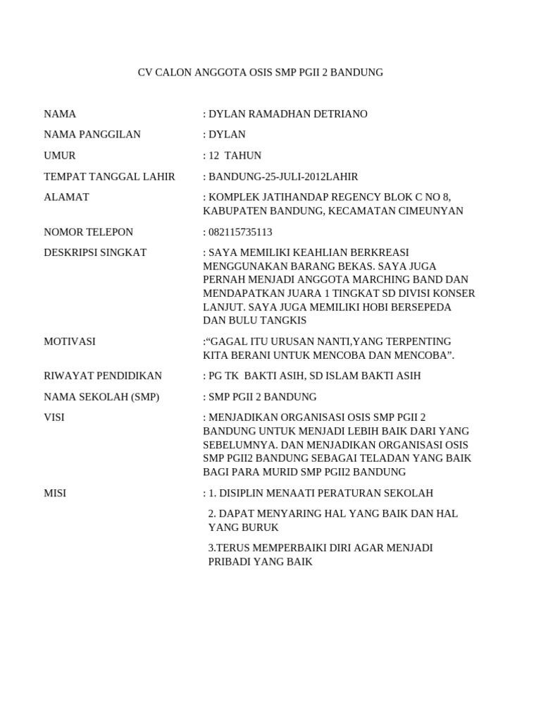 CV Calon Anggota Osis SMP Pgii 2 Bandung | PDF
