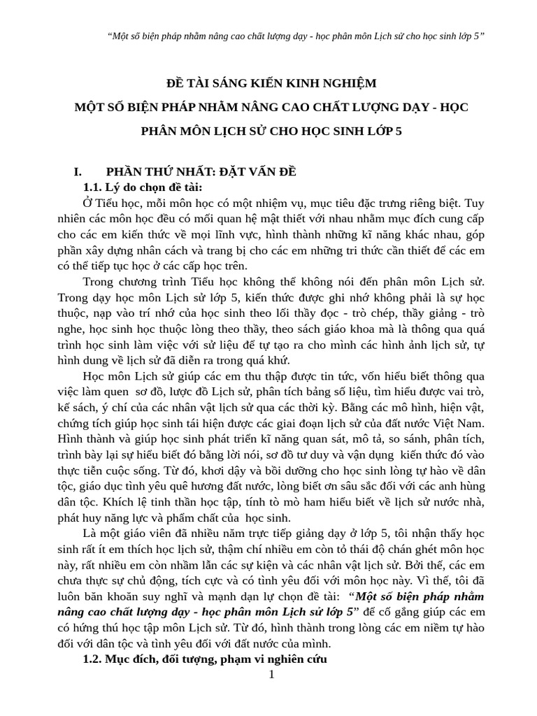 SKKN- MỘT SỐ BIỆN PHÁP NHẰM NÂNG CAO CHẤT LƯỢNG DẠY-HỌC PHÂN MÔN LỊCH SỬ | PDF