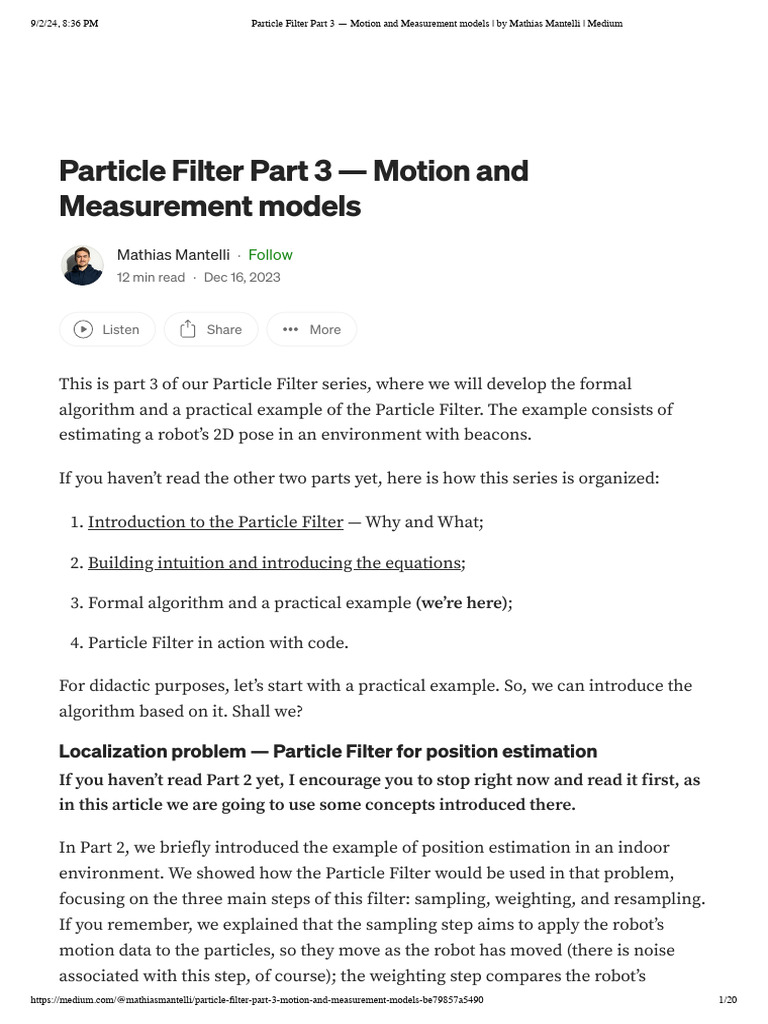 Particle Filter Part 3 - Motion and Measurement Models - by Mathias Mantelli - Medium | PDF