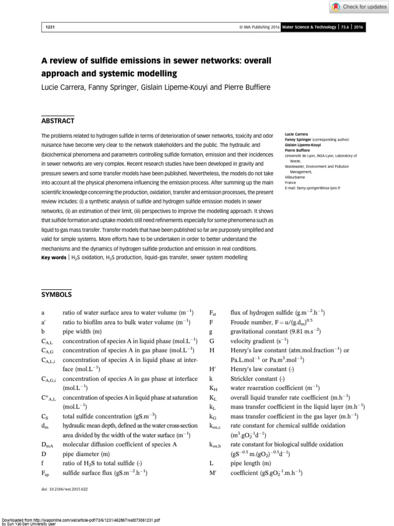A Review Of Sulfide Emissions In Sewer Networks Overall Approach And Systemic Modelling Pdf