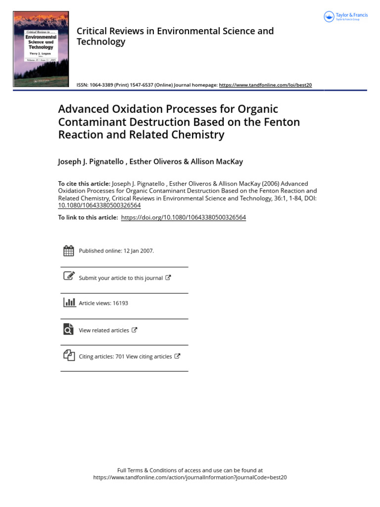 Advanced Oxidation Processes For Organic Contaminant Destruction Based ...