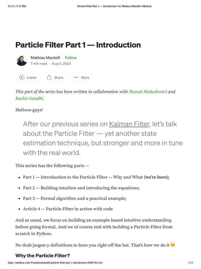 Particle Filter Part 1 — Introduction _ by Mathias Mantelli _ Medium | PDF