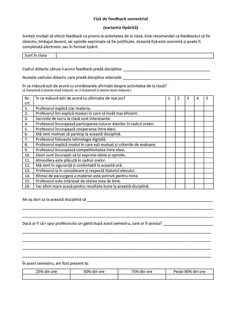 Fisa de Feedback Semestrial | PDF