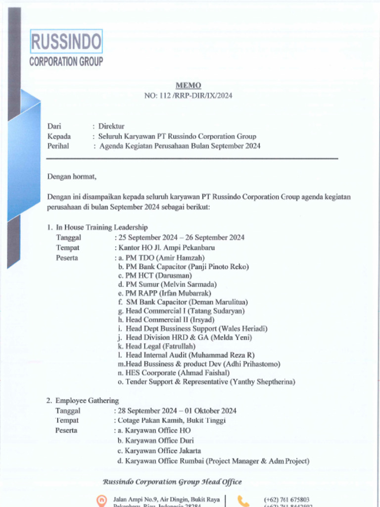 Memo Agenda Kegiatan Perusahaan September 2024 | PDF