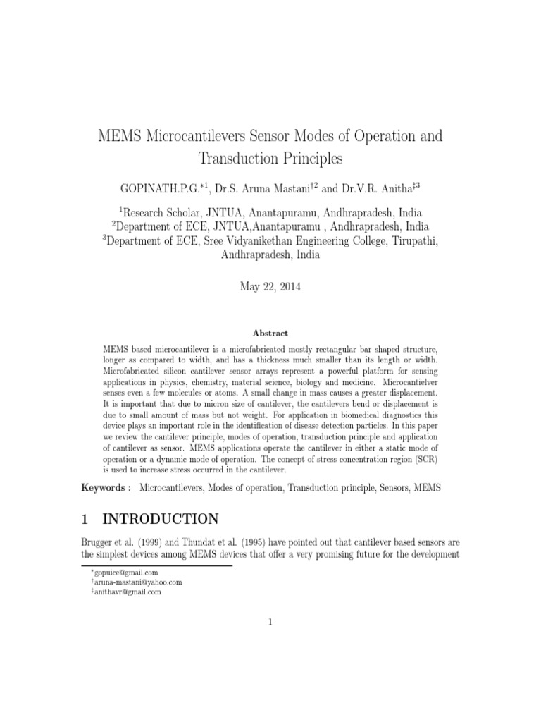 MEMS Microcantilevers Sensor Modes of Operation and Transduction Principles | PDF