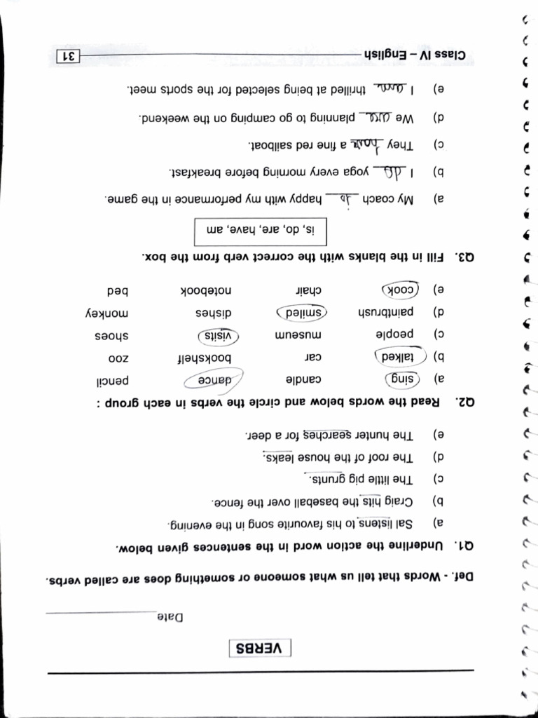Verbs class 4 Workbook | PDF