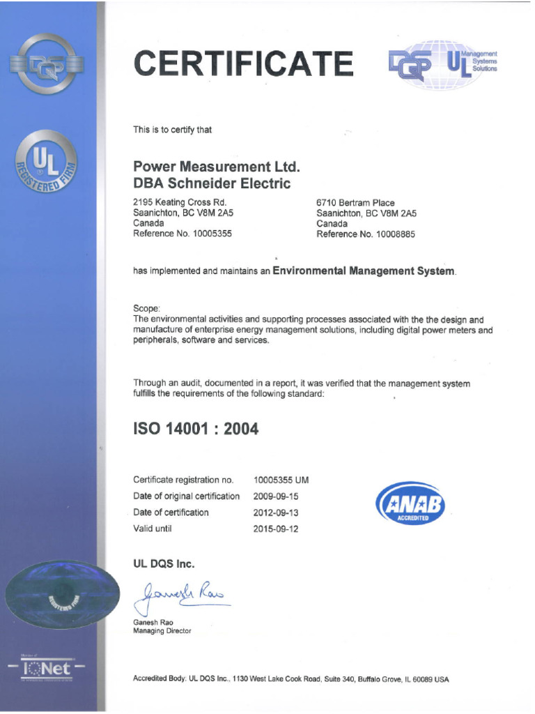 ISO 14001 Certificate PML Up To 2015an | PDF