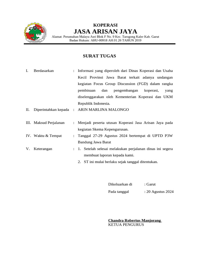 Surat Tugas Koperasi | PDF