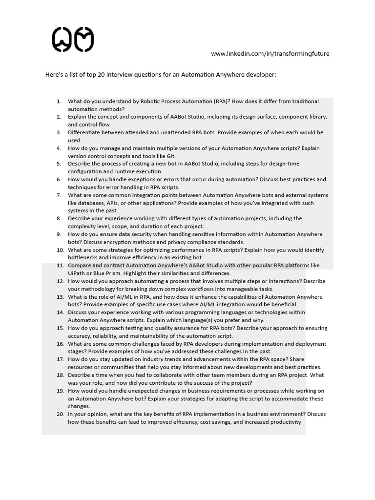 AA - Top 20 Interview Questions that I ask | PDF