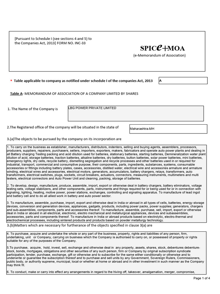 Spic MOA: Table Applicable To Company As Notified Under Schedule I of ...