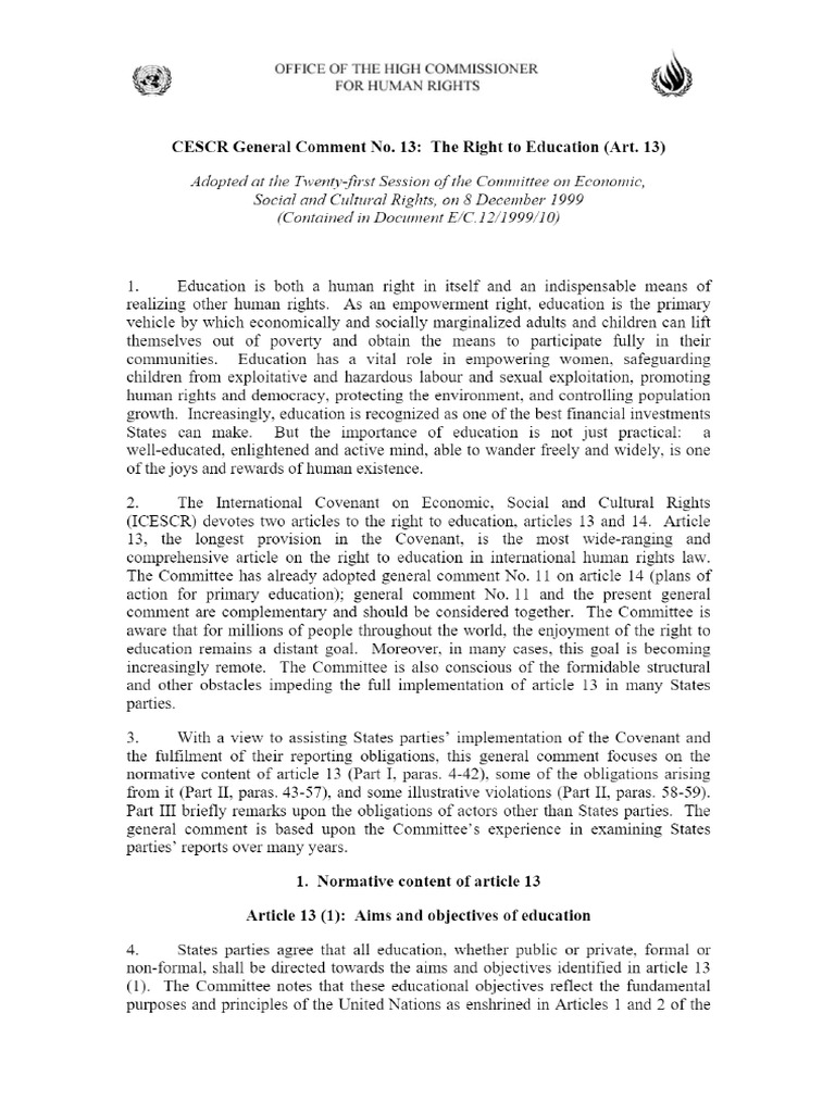 General Comment No. 13 - The Right To Education (Art. 13 of The ...