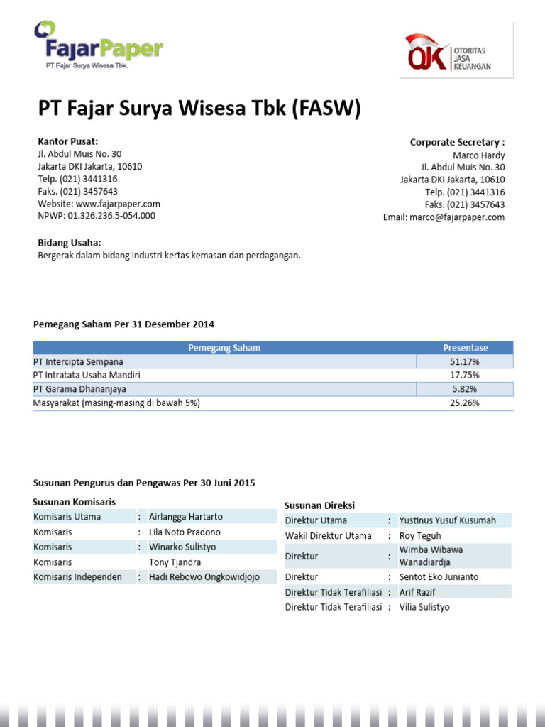 Fajar Surya Wisesa Tbk (FASW) | PDF
