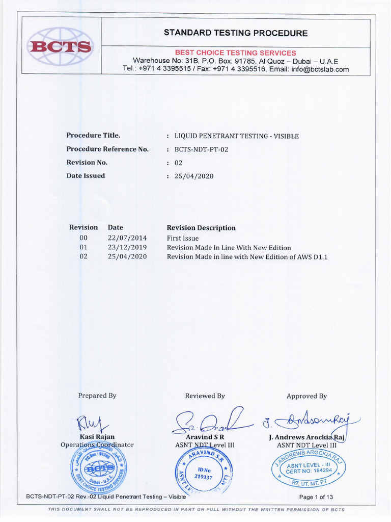 2A. BCTS-NDT-PT-02 Rev.-02 PT NF - ASME. | PDF