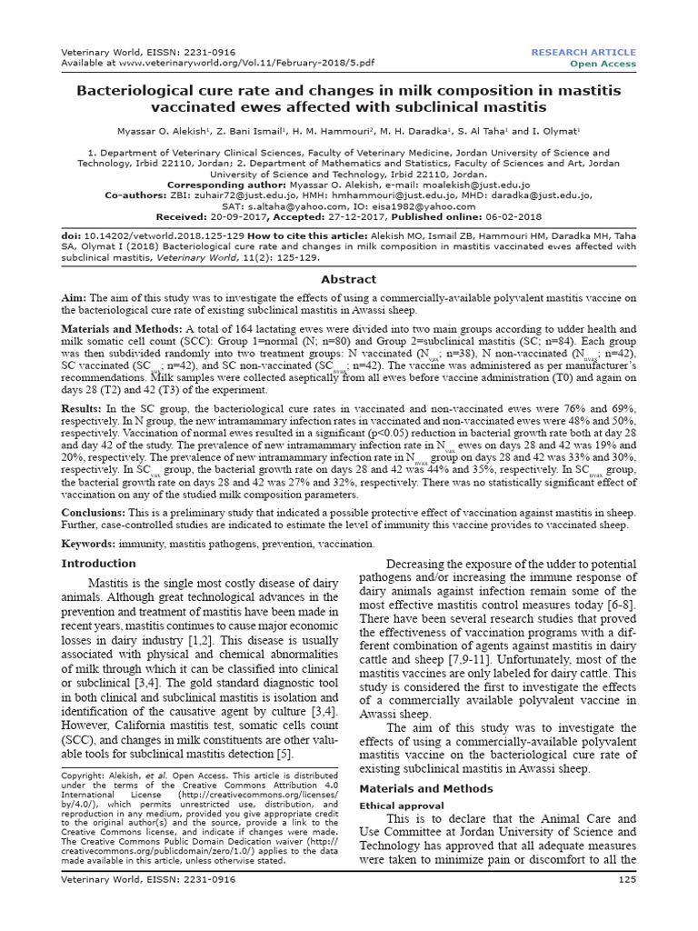 Bacteriological Cure Rate and Changes in Milk Composition in Mastitis | PDF Bacteriological Cure Rate and Changes in Milk Composition in Mastitis | PDF