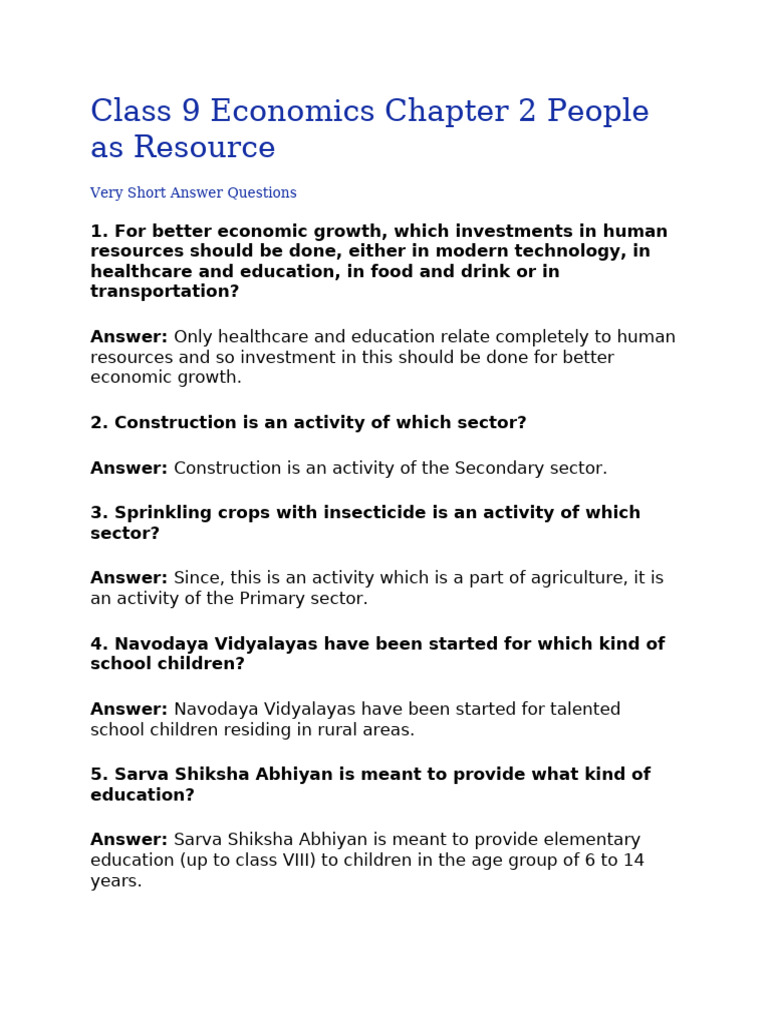 Class 9 Economics Chapter 2 People As Resource | PDF
