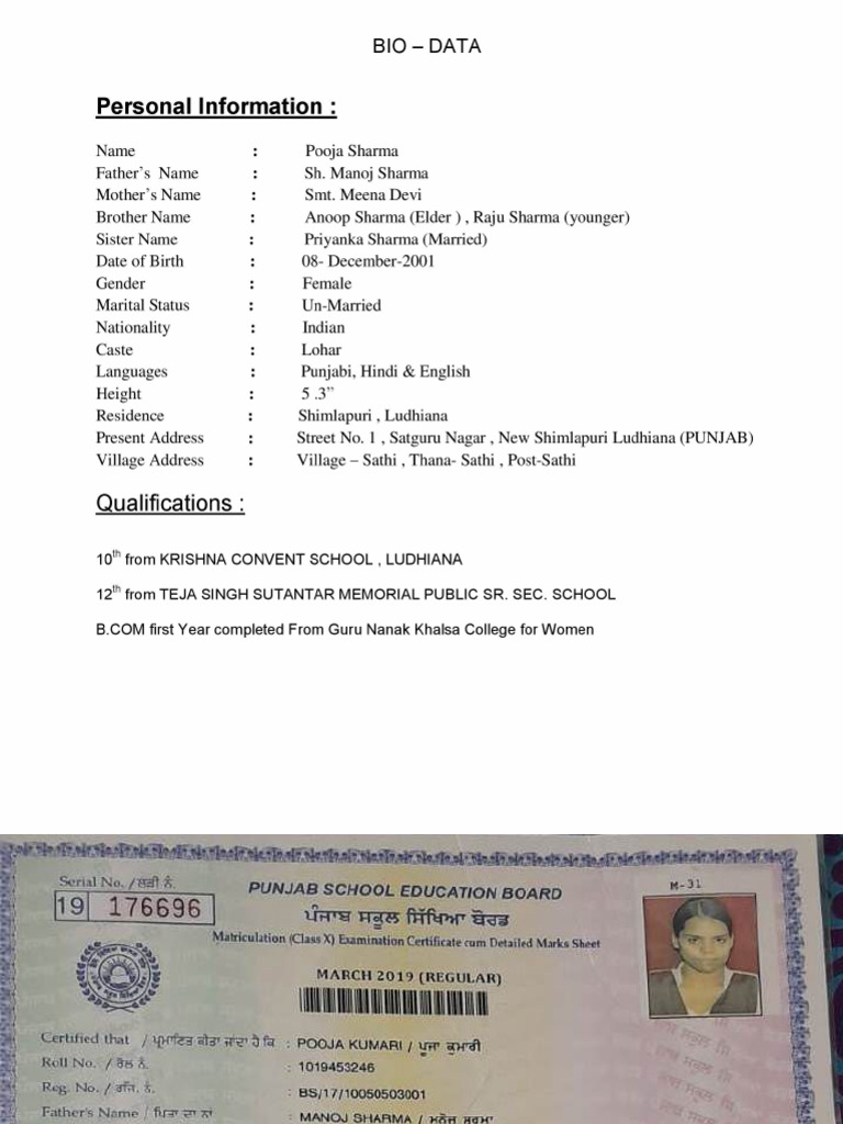 Pooja Sharma Bio Data | PDF