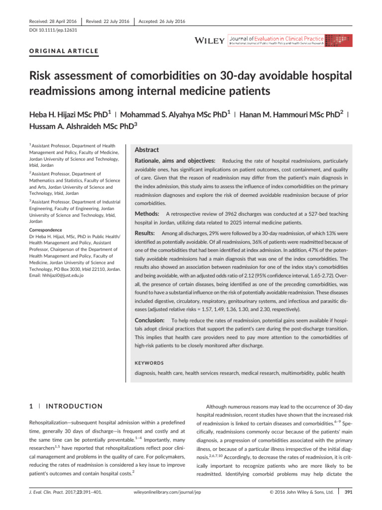 Risk Assessment of Comorbidities On 30-Day Avoidable Hospital ...