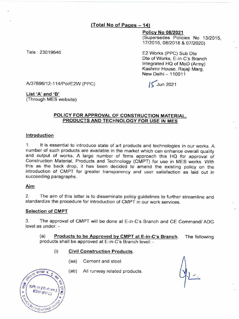 Policy For Approval of Construction Material, Products and Technology ...