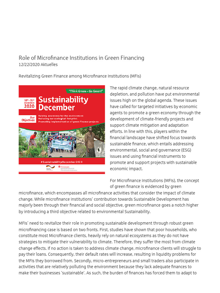 Role of Microfinance Institutions in Green Financing | PDF