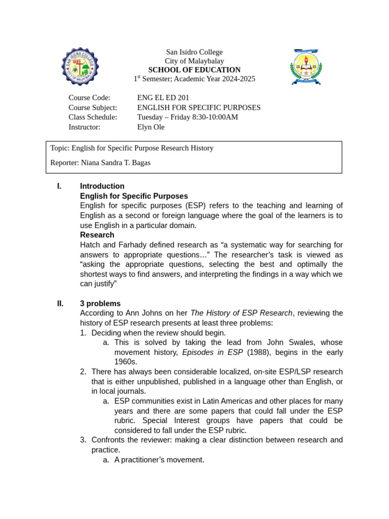 ESP Research History Based On Ann M. Johns' Research Paper | PDF ...