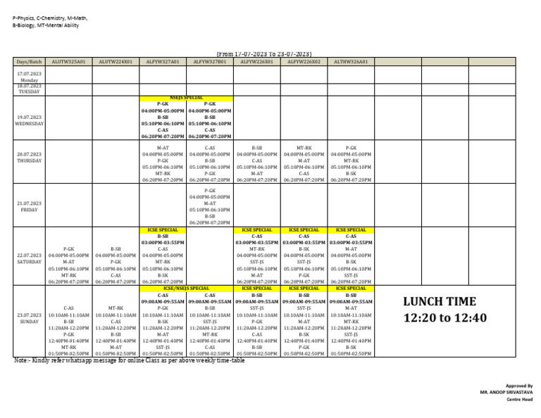 Time Table For 2023-24 Junior Batch-5 | PDF