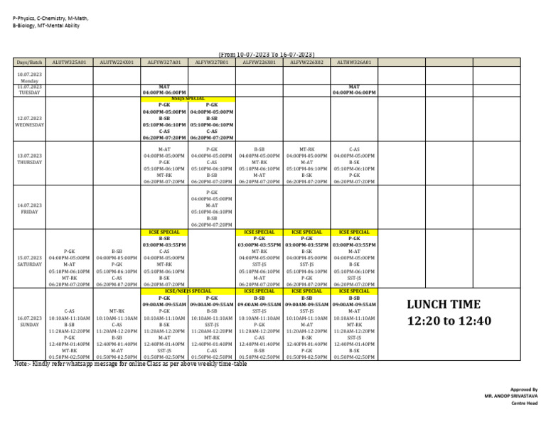 Time Table For 2023-24 Junior Batch-4 | PDF
