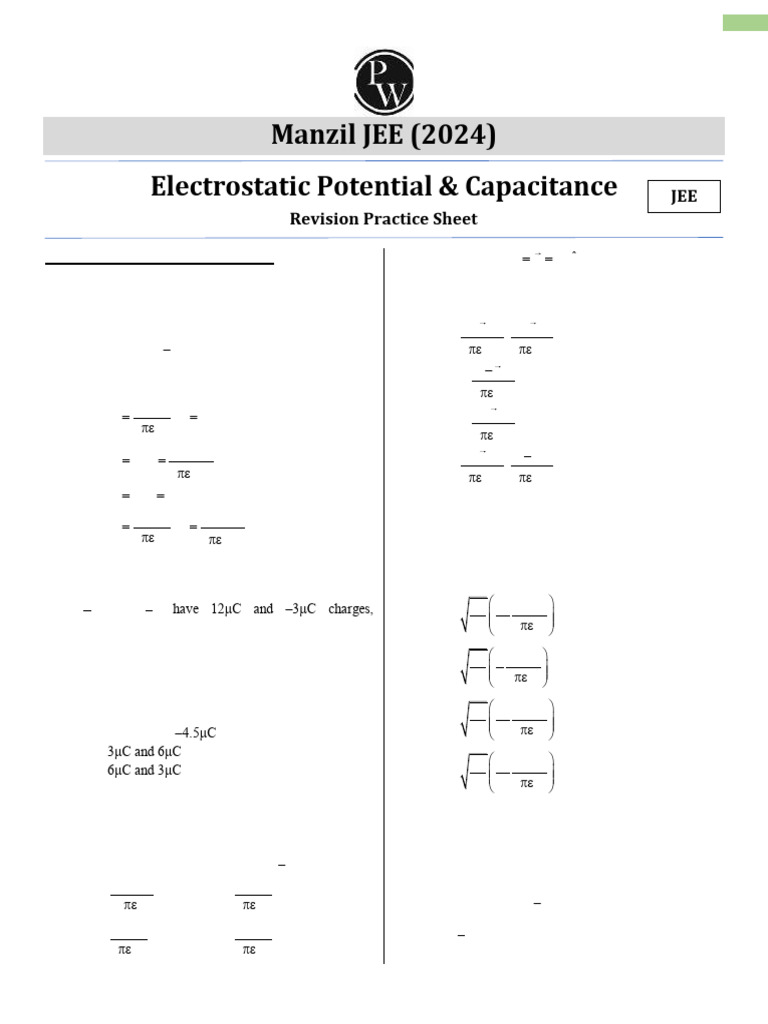 Electrostatic Potential and Capacitance Practice Sheet65893526d1572100181afb3b | PDF