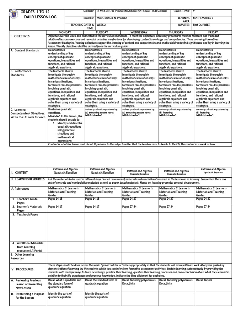 DLL Math 9 Q1 W2 1 | PDF