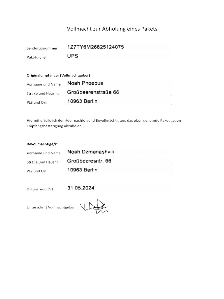 Paketabholung Vollmacht | PDF