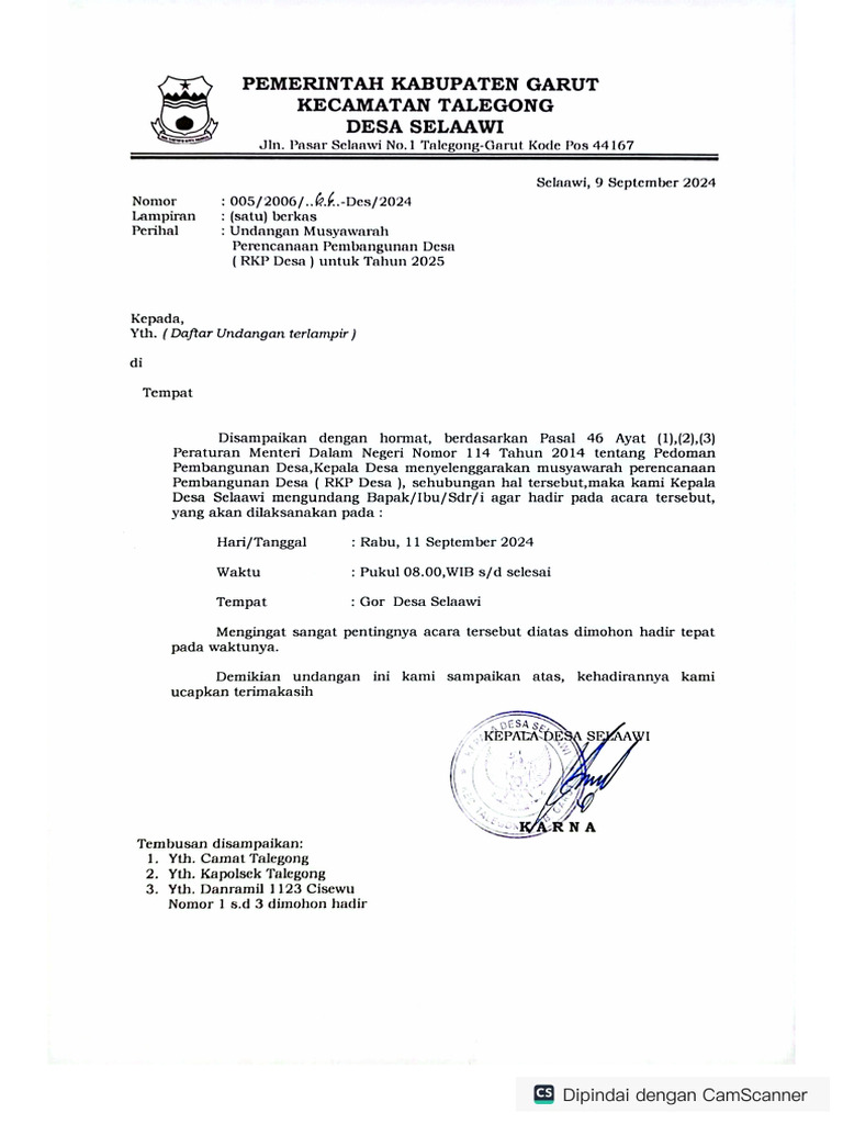 Undangan Musyawarah Perencanaan Pembangunan (RKP Desa) Tahun 2025 | PDF