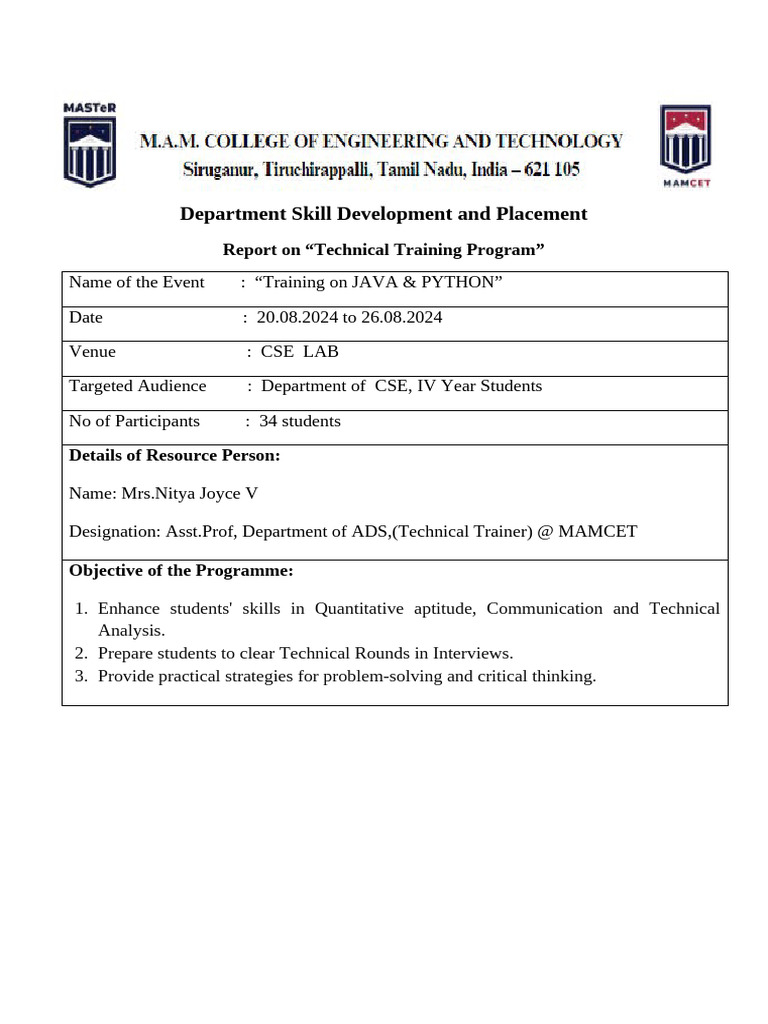 Technical Training Report-CSE - August2024 | PDF