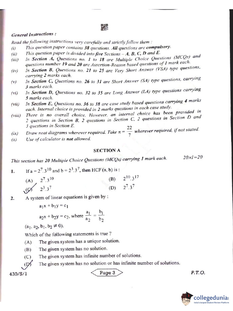 CBSE Class 10 Mathematics Basic Question Paper 2024 Set 1 430 S 1 | PDF