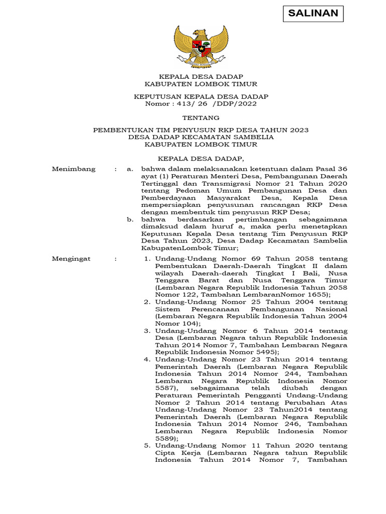 SK Tim Penyusun RKP Desa 2023 | PDF