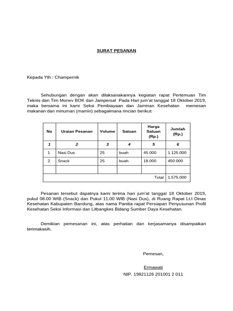 Contoh Surat Pesanan Makanan Dan Minuman | PDF