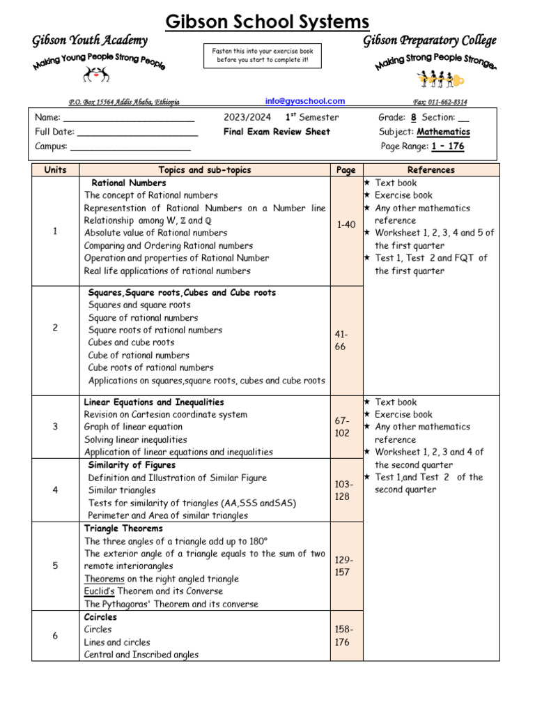 Grade 8 Mathematics Exam Review Guide | PDF | Triangle | Circle