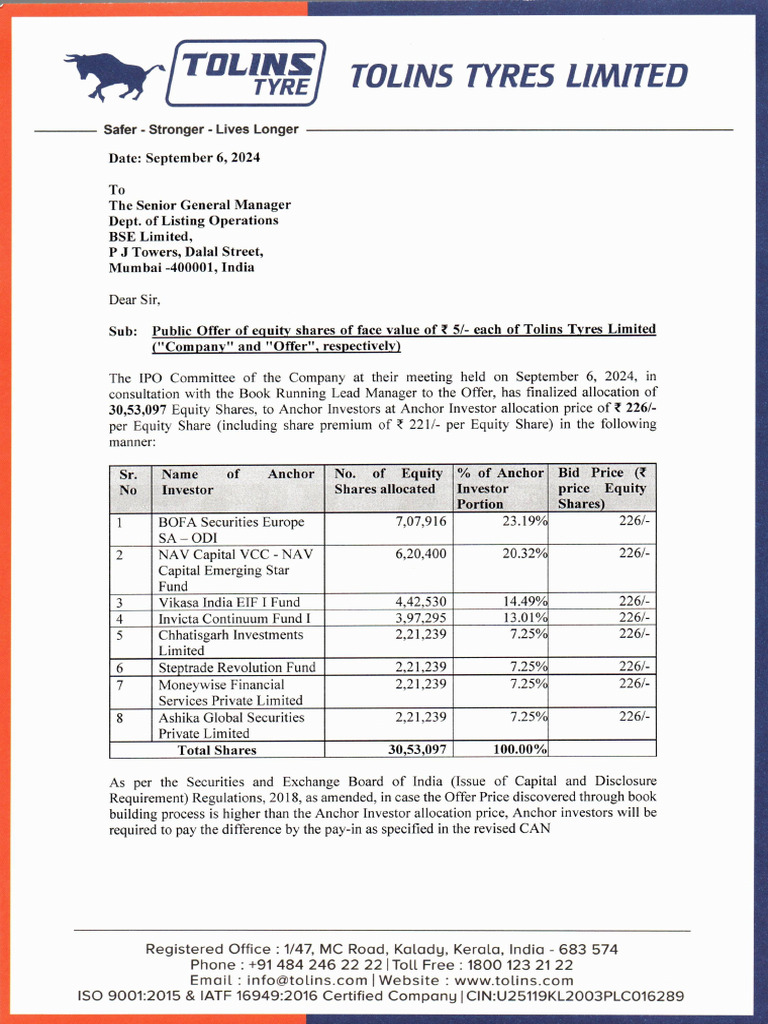 Tolins Tyres Anchor Allocation | PDF