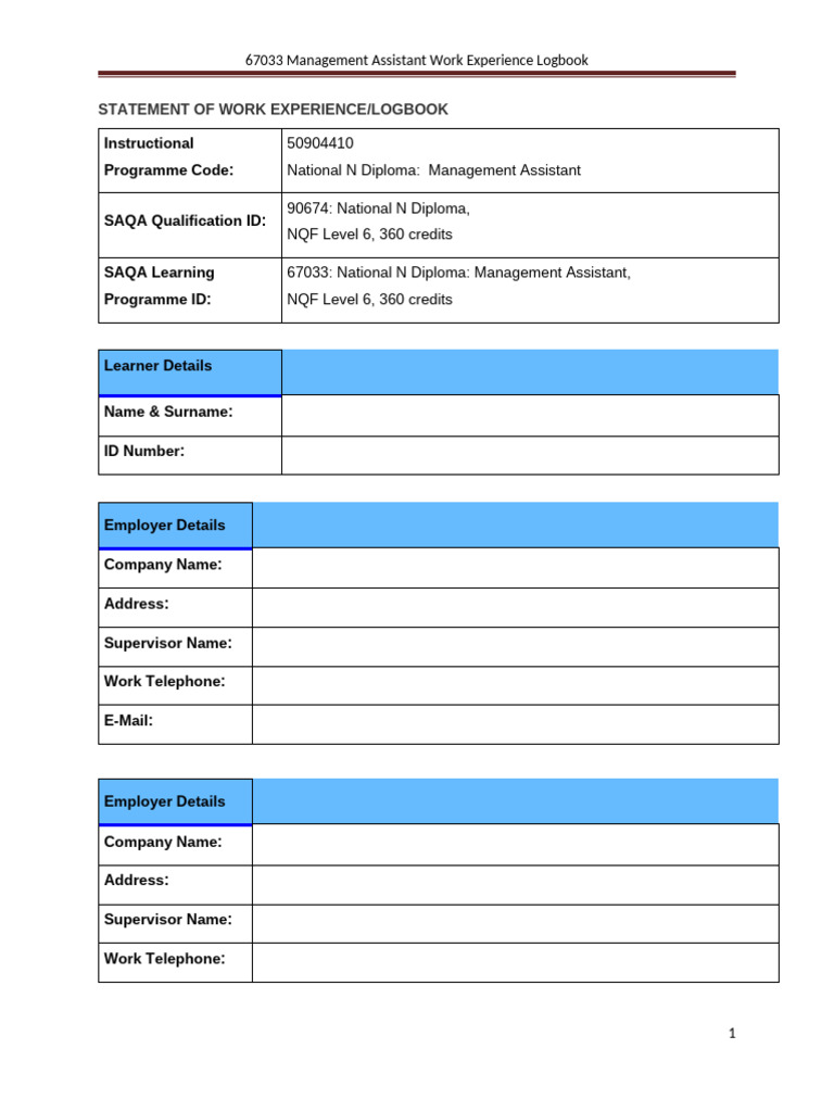 National N Diploma. Management Assistant Logbook | PDF