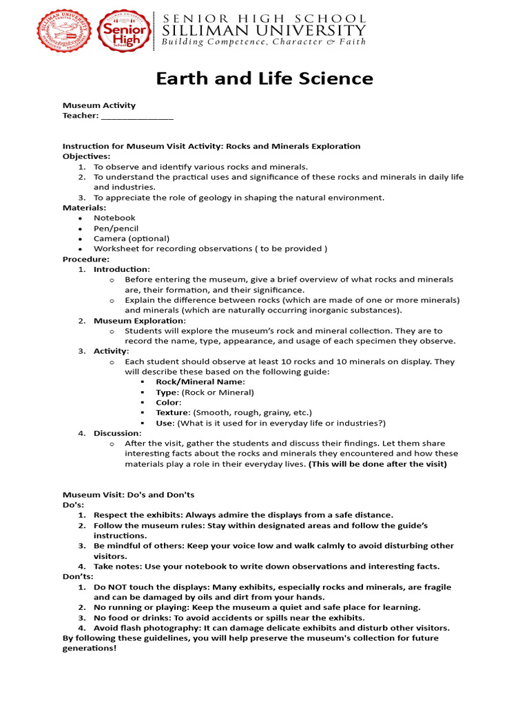 Museum Visit Activity Rocks and Minerals Exploration Worksheet | PDF