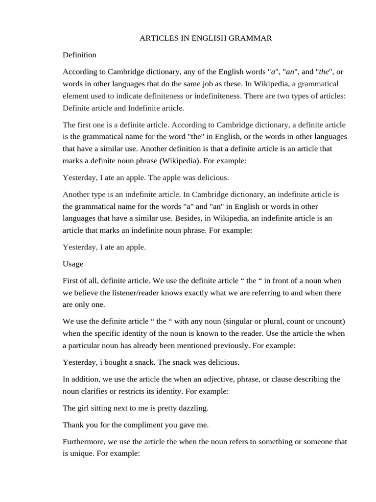 Articles in English Grammar | PDF