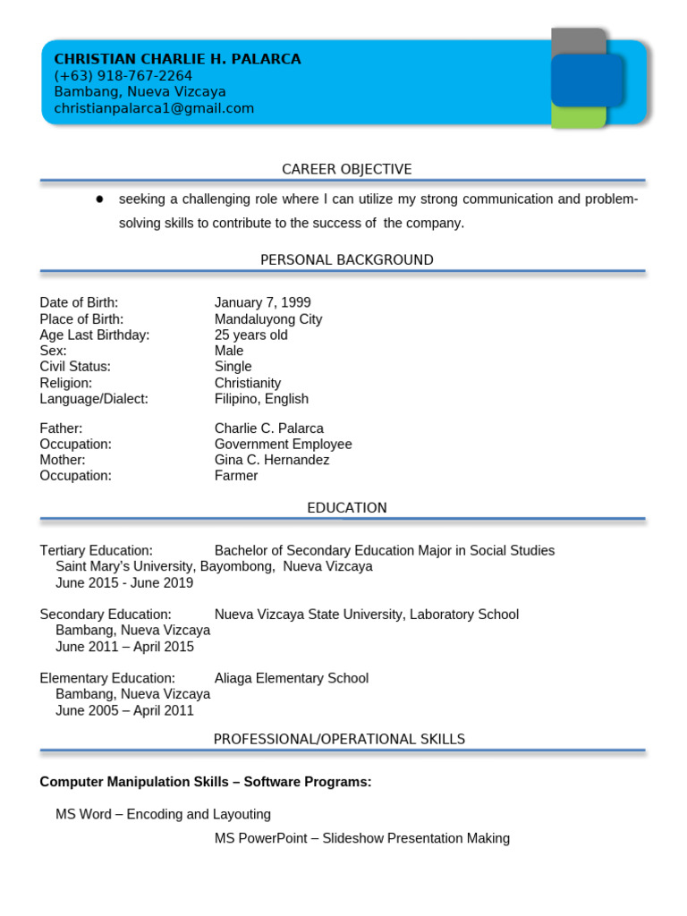 Resume of Christian Charlie H. Palarca | PDF