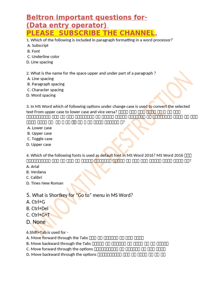 Beltron Question Sample Paper | PDF | Microsoft Word | Computers