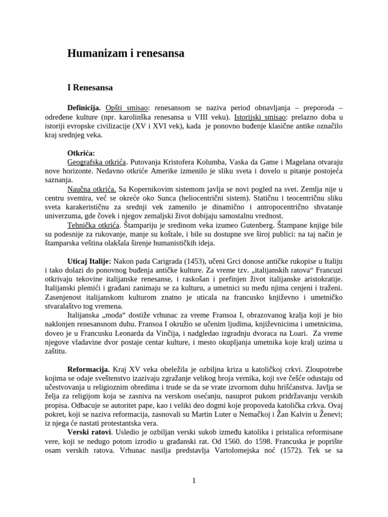 Humanizam I Renesansa SR | PDF