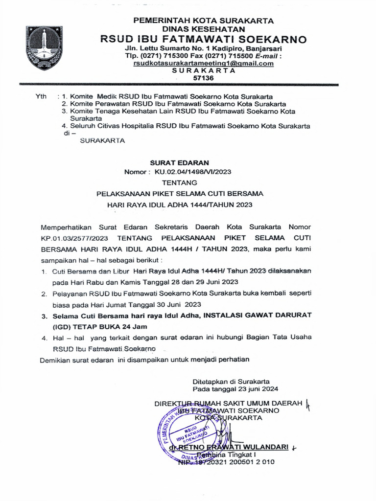 Rsud Ibu Fatmawati Soekarno: Pemerintah Kota Surakarta Dinas Kesehatan | PDF
