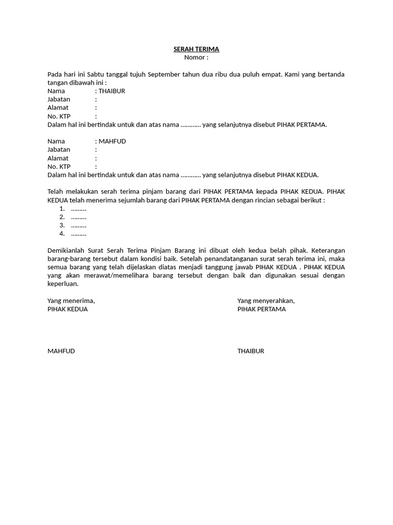 Serah Terima Pinjam Barang | PDF