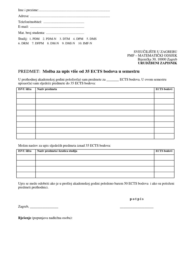 Upis 35 Ectsa Obrazac 01 | PDF
