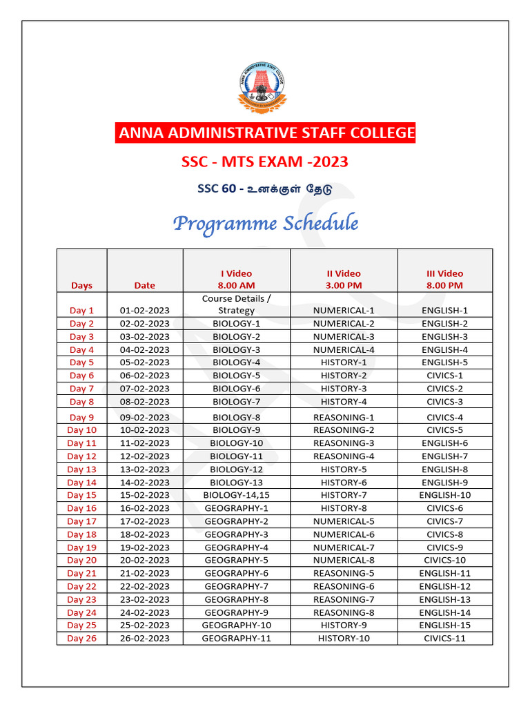 SSC MTS Class Schedule | PDF