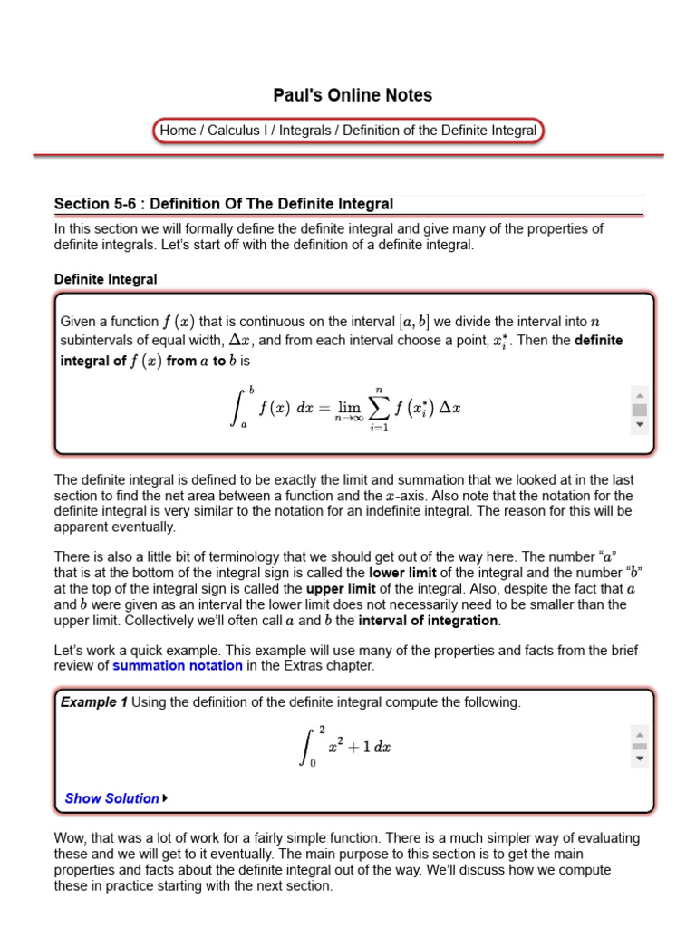 Calculus I - Definition of The Definite Integral | PDF