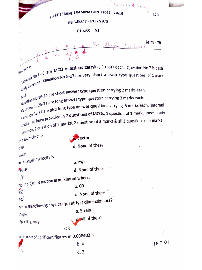 2022-23 Midterm Class 11 Physics | PDF
