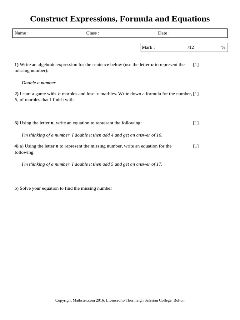 Construct Expressions, Formula and Equations - 3 | PDF