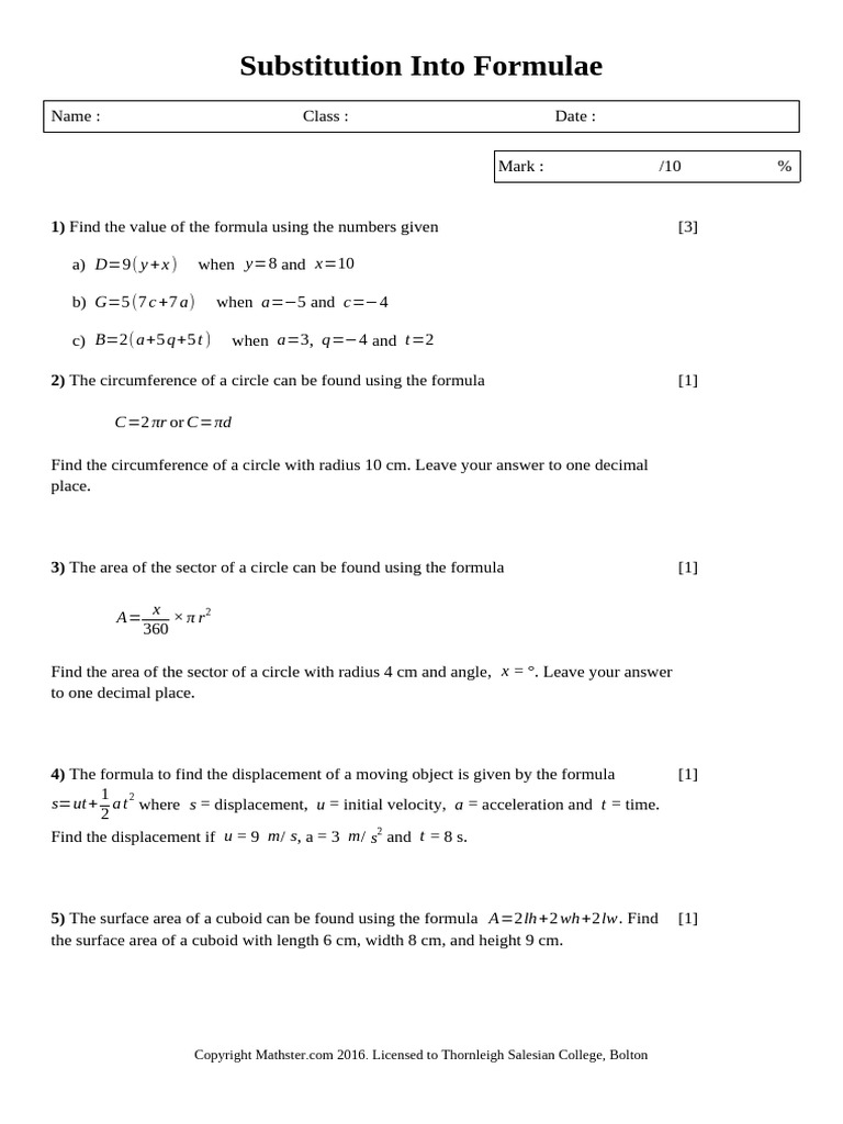 Substitution Into Formulae - 1 | PDF